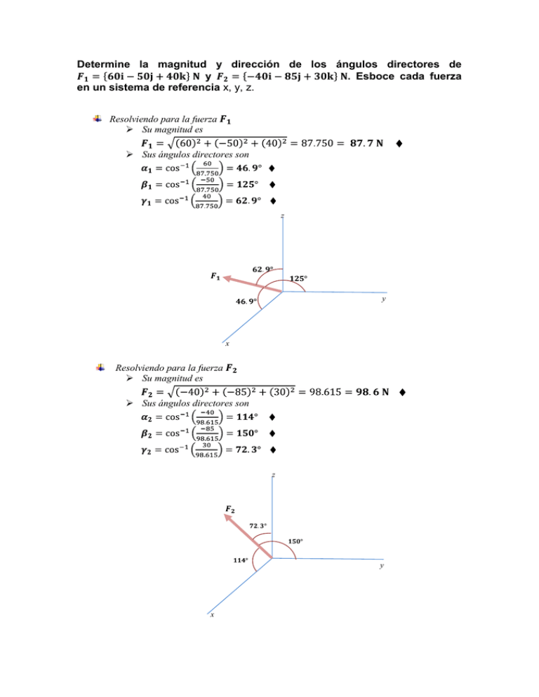 Determine la magnitud y dirección de los ángulos directores de y