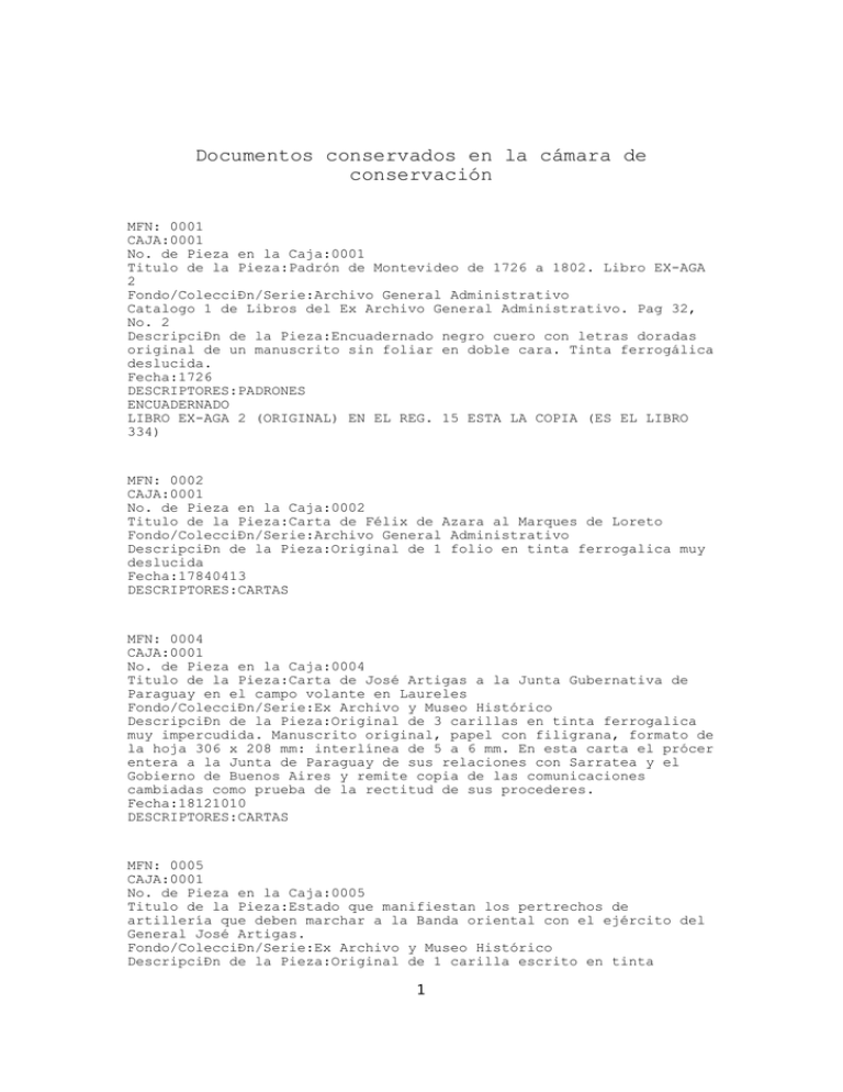 Documentos conservados en la cámara de conservación