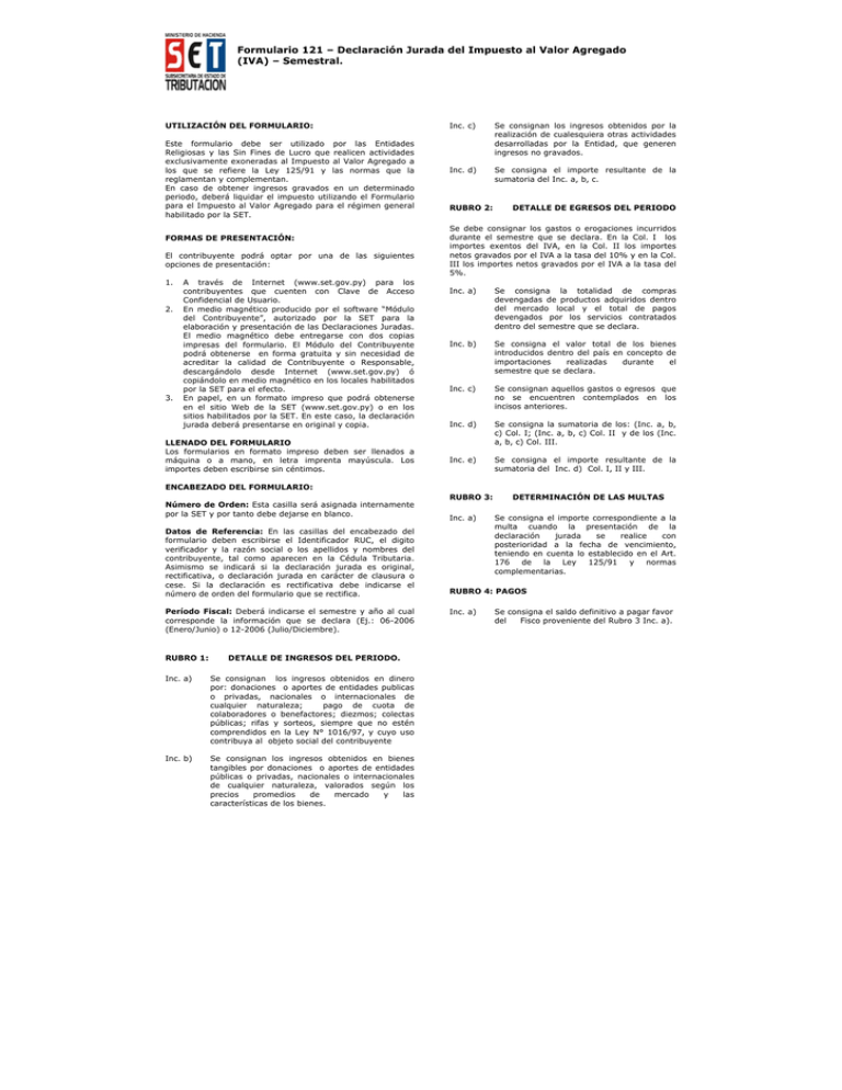Formulario 121 – Declaración Jurada del Impuesto al Valor