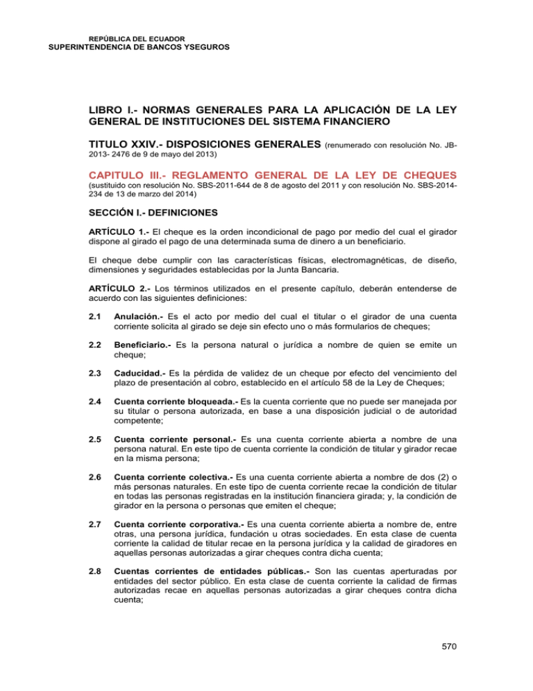 Reglamento General De La Ley De Cheques