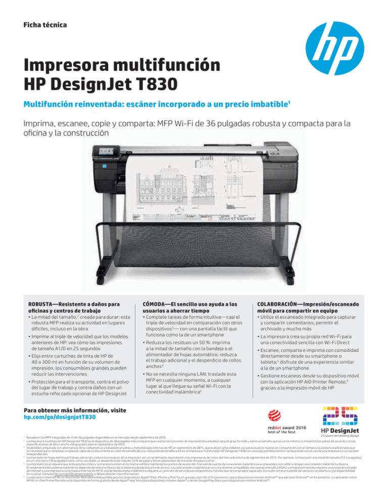 Ficha técnica de la impresora multifunción HP DesignJet T830