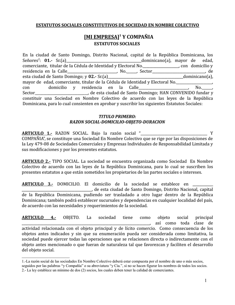 Estatutos Sociales Constitutivos de sociedad en nombre colectivo