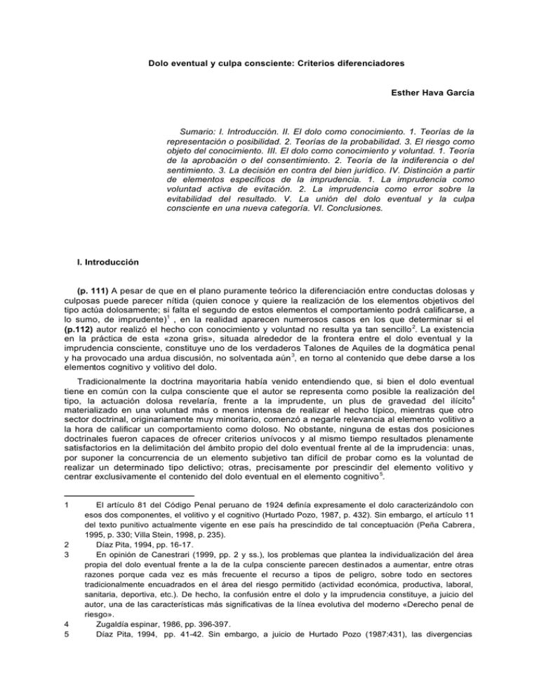 Dolo eventual y culpa consciente: Criterios diferenciadores Esther