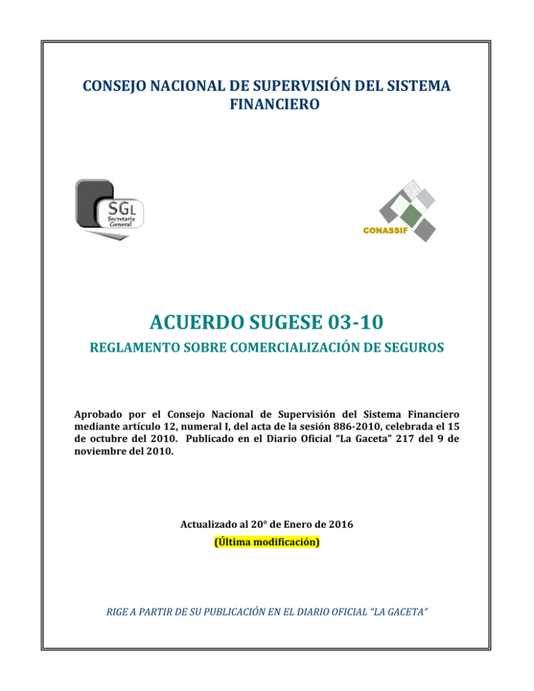 SUGESE 03-10 Reglamento sobre la Comercialización de Seguros