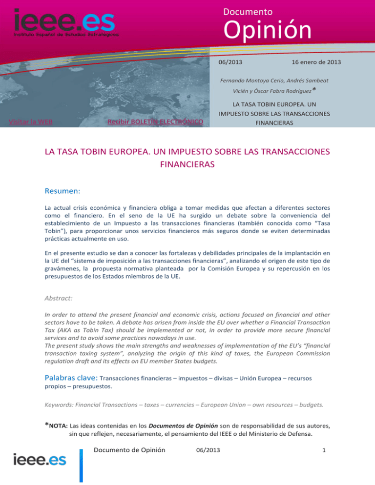 La Tasa TOBIN Europea. Un impuesto sobre las transacciones