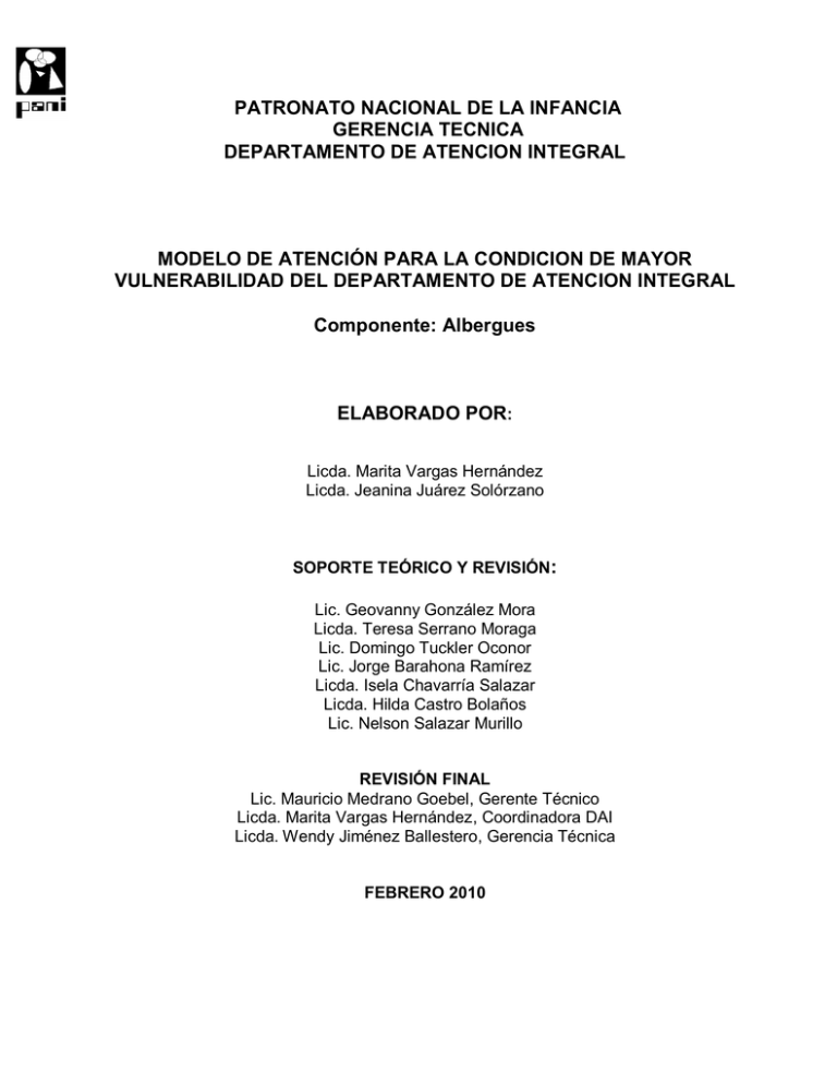 estructura del modelo de atención en albergues del pani