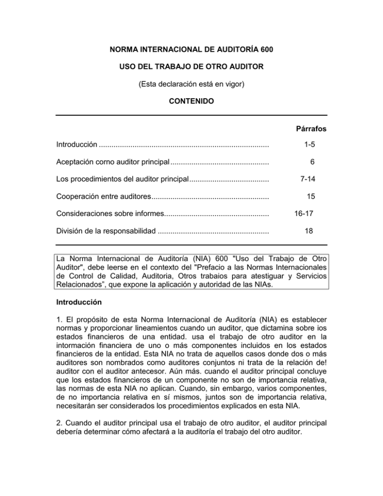 NIA 600 Uso del Trabajo de Otro Auditor