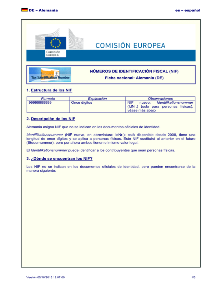 NÚMEROS DE IDENTIFICACIÓN FISCAL (NIF) Ficha nacional