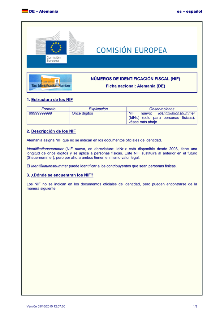 NÚMEROS DE IDENTIFICACIÓN FISCAL (NIF) Ficha nacional