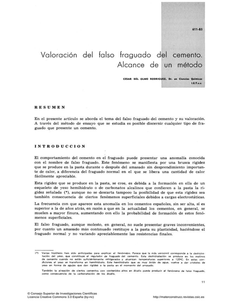 Valoración del falso fraguado del cemento. Alcance de un método