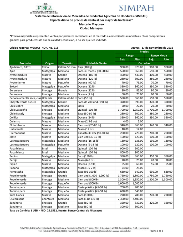 6.2. Reporte diario de precios de hortalizas, Mayoreo