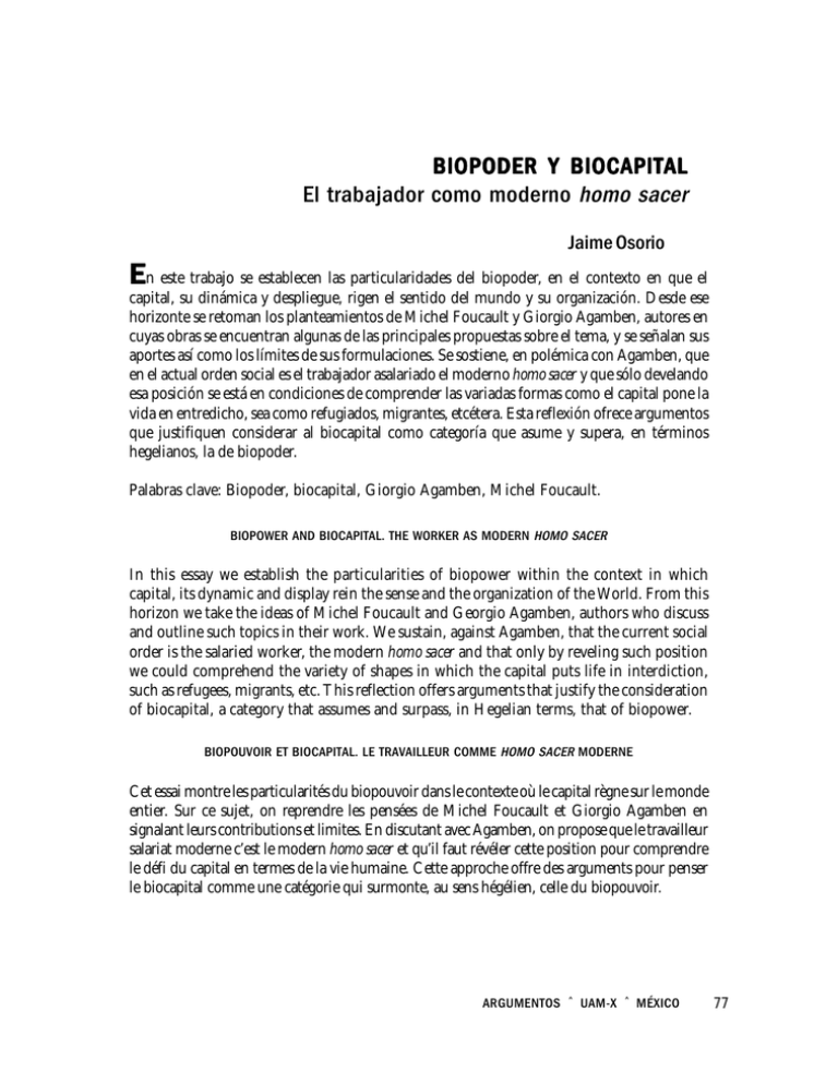 BIOPODER Y BIOCAPITAL El trabajador como moderno homo sacer