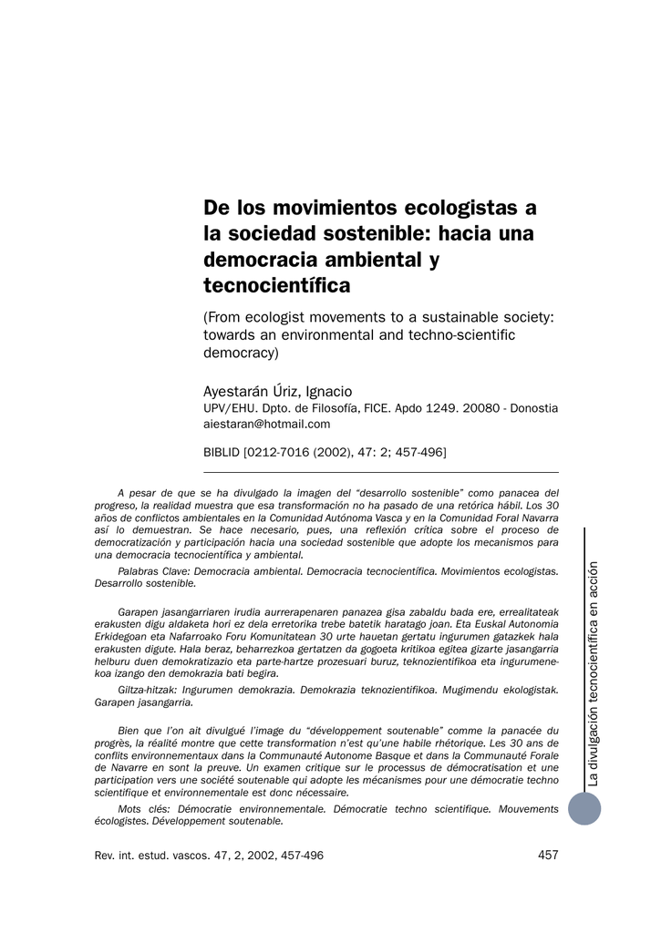 De los movimientos ecologistas a la sociedad sostenible