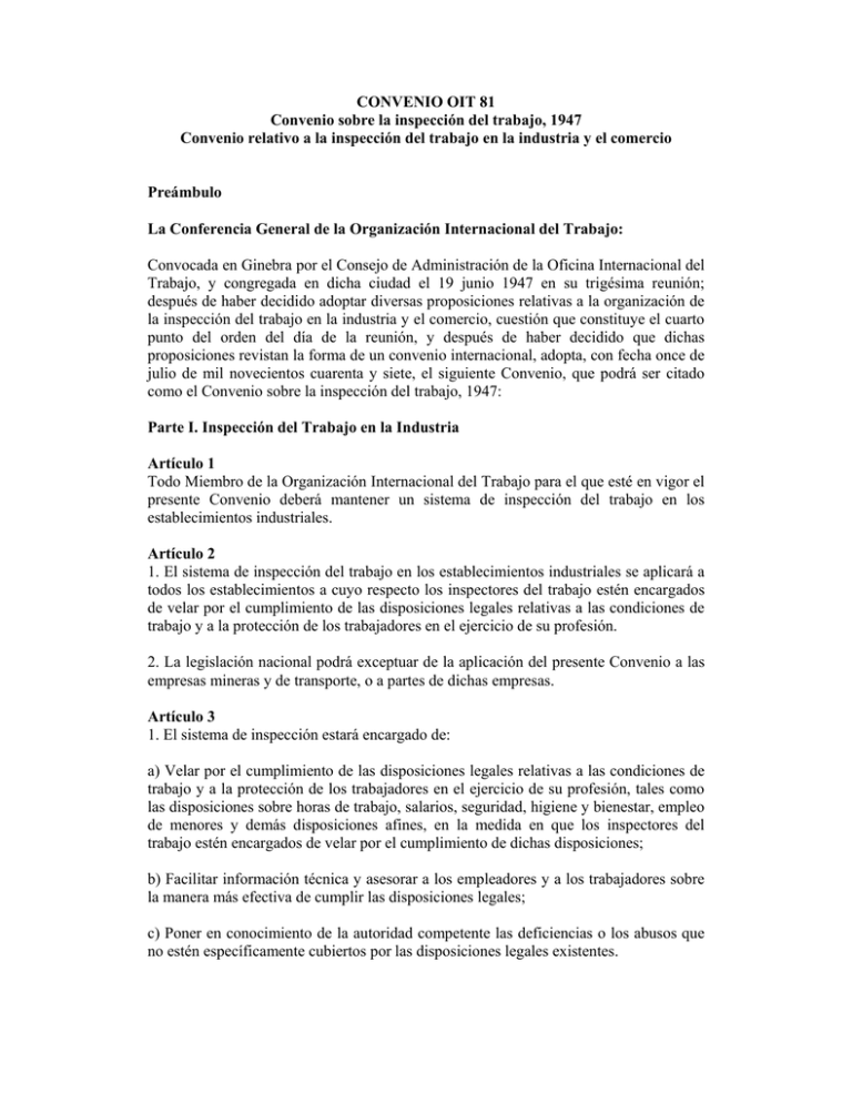 CONVENIO OIT 81 Convenio sobre la inspección del trabajo, 1947