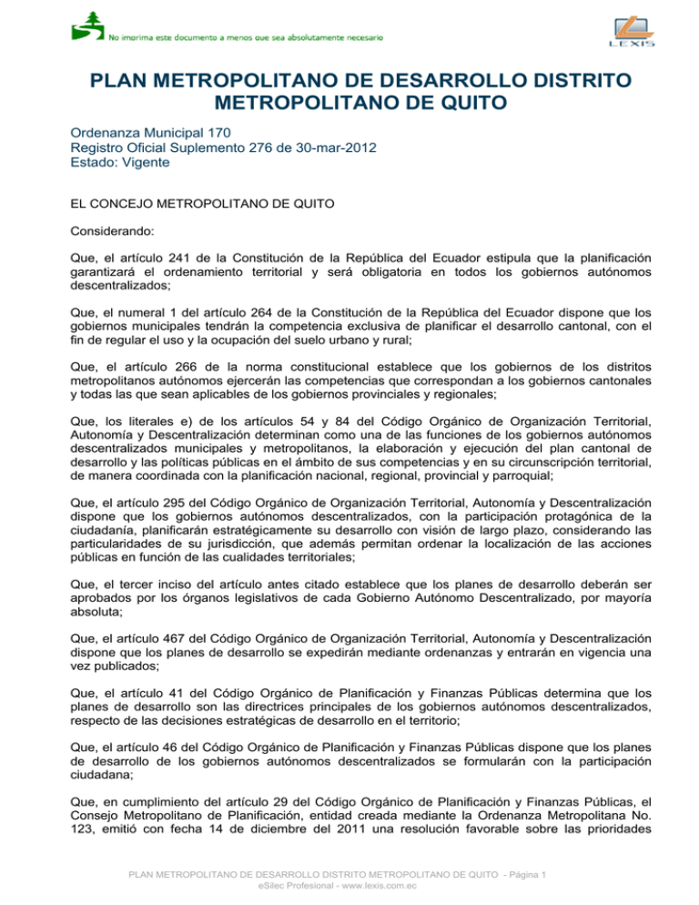 plan metropolitano de desarrollo distrito metropolitano de quito
