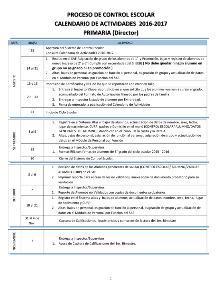 PROCESO DE CONTROL ESCOLAR CALENDARIO DE