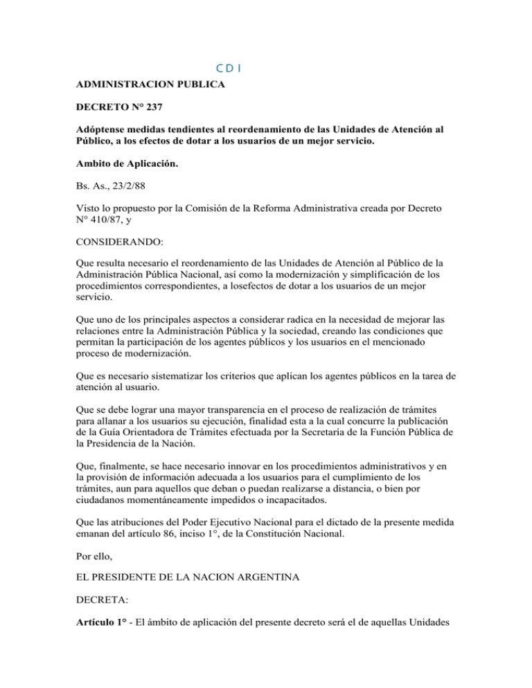 ADMINISTRACION PUBLICA DECRETO N° 237 Adóptense