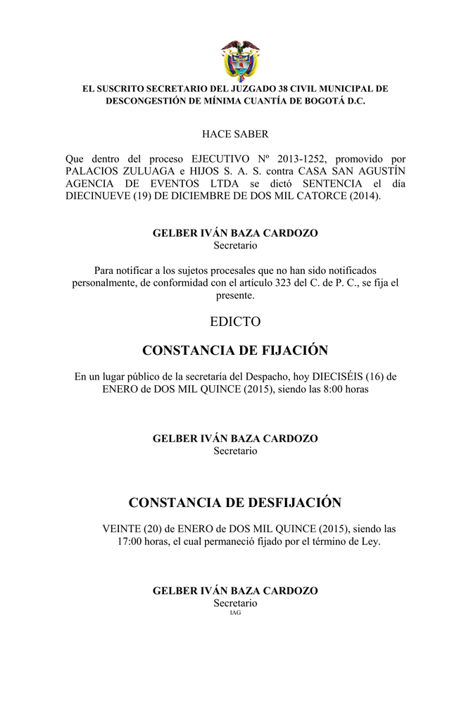 EDICTO CONSTANCIA DE FIJACIÓN CONSTANCIA DE