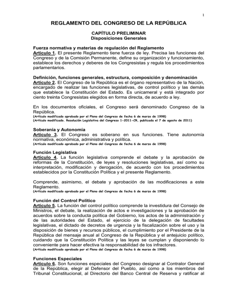 REGLAMENTO DEL CONGRESO DE LA REPÚBLICA