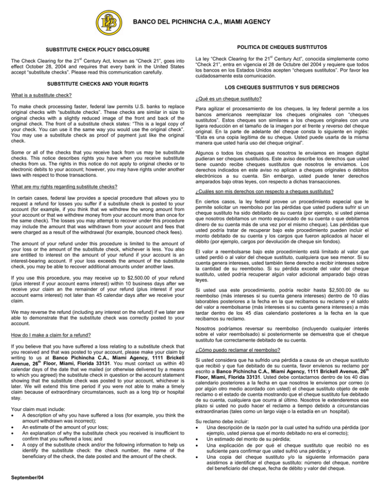 Check 21 Disclosure - BANCO PICHINCHA MIAMI AGENCY