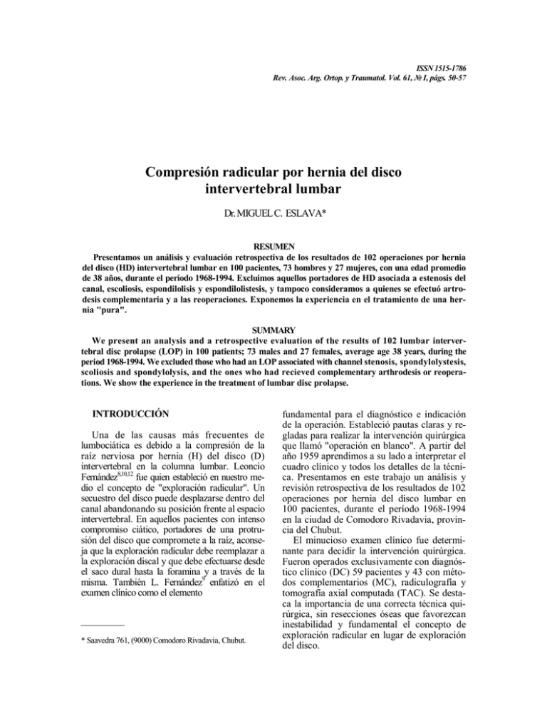 Compresión radicular por hernia del disco intervertebral lumbar