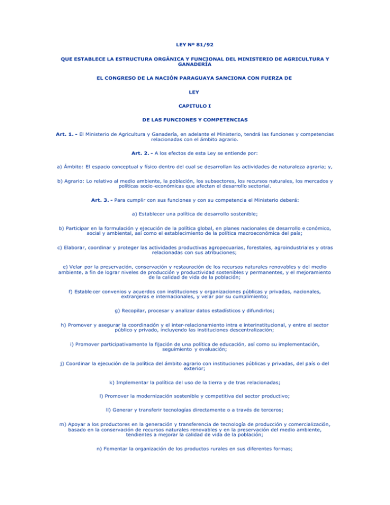 LEY Nº 81/92 QUE ESTABLECE LA ESTRUCTURA ORGÁNICA Y