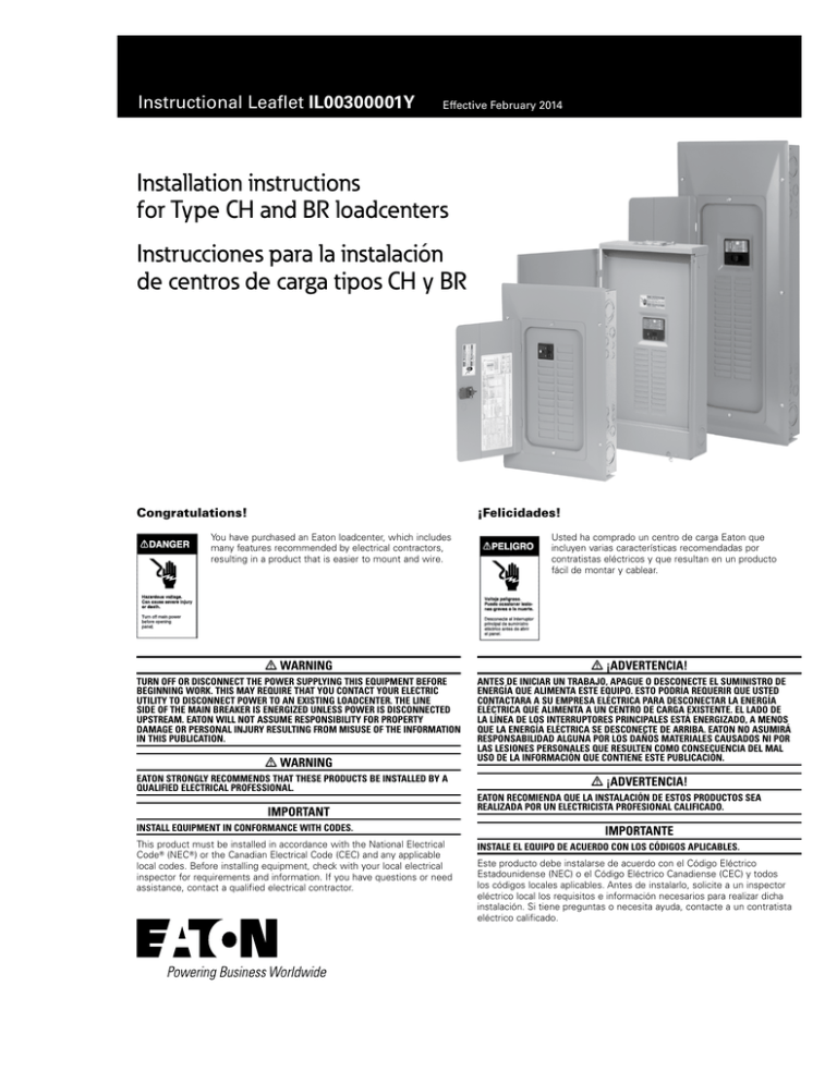 Installation instructions for Type CH and BR loadcenters