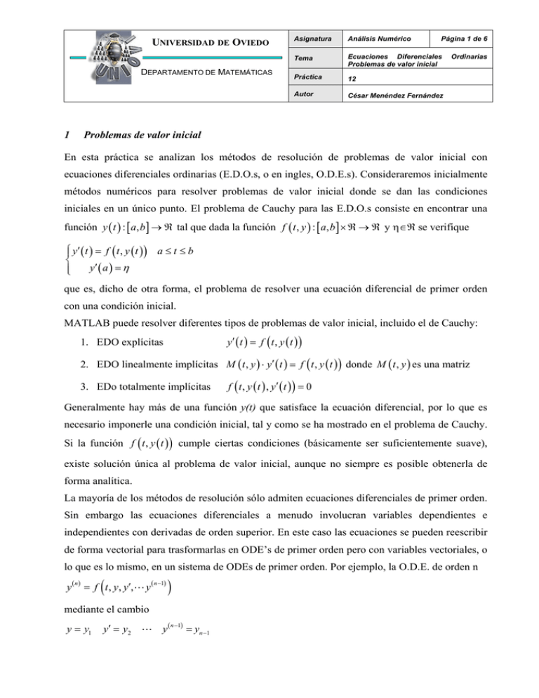 1 Problemas de valor inicial En esta práctica se analizan los