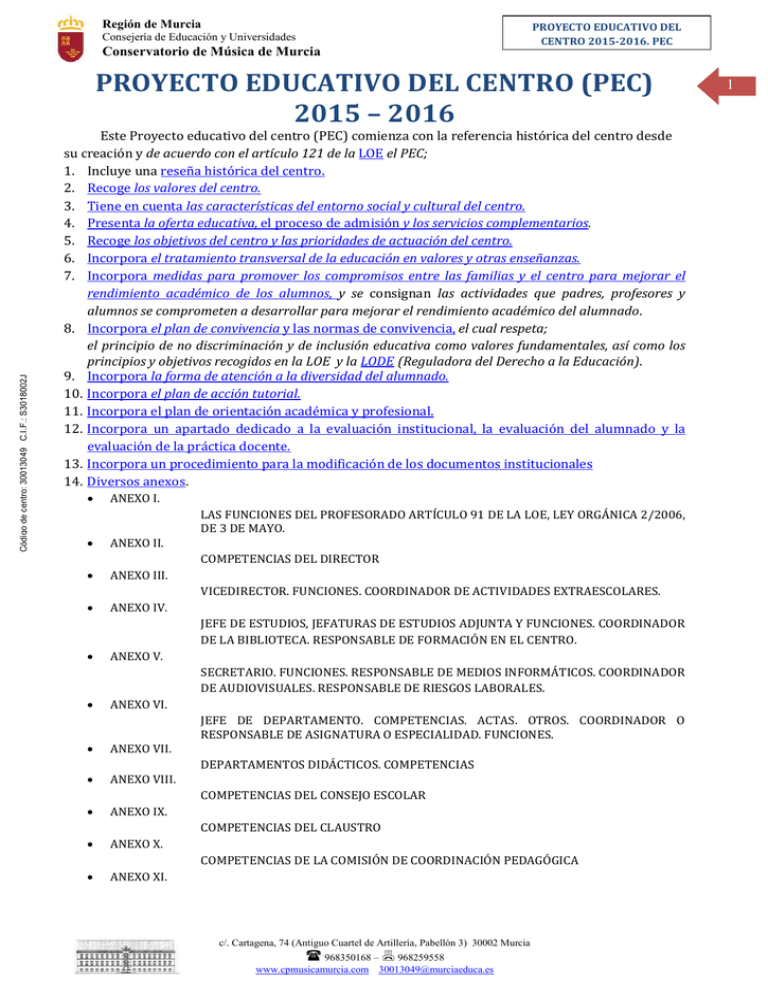 PROYECTO EDUCATIVO DEL CENTRO (PEC) 2015 – 2016