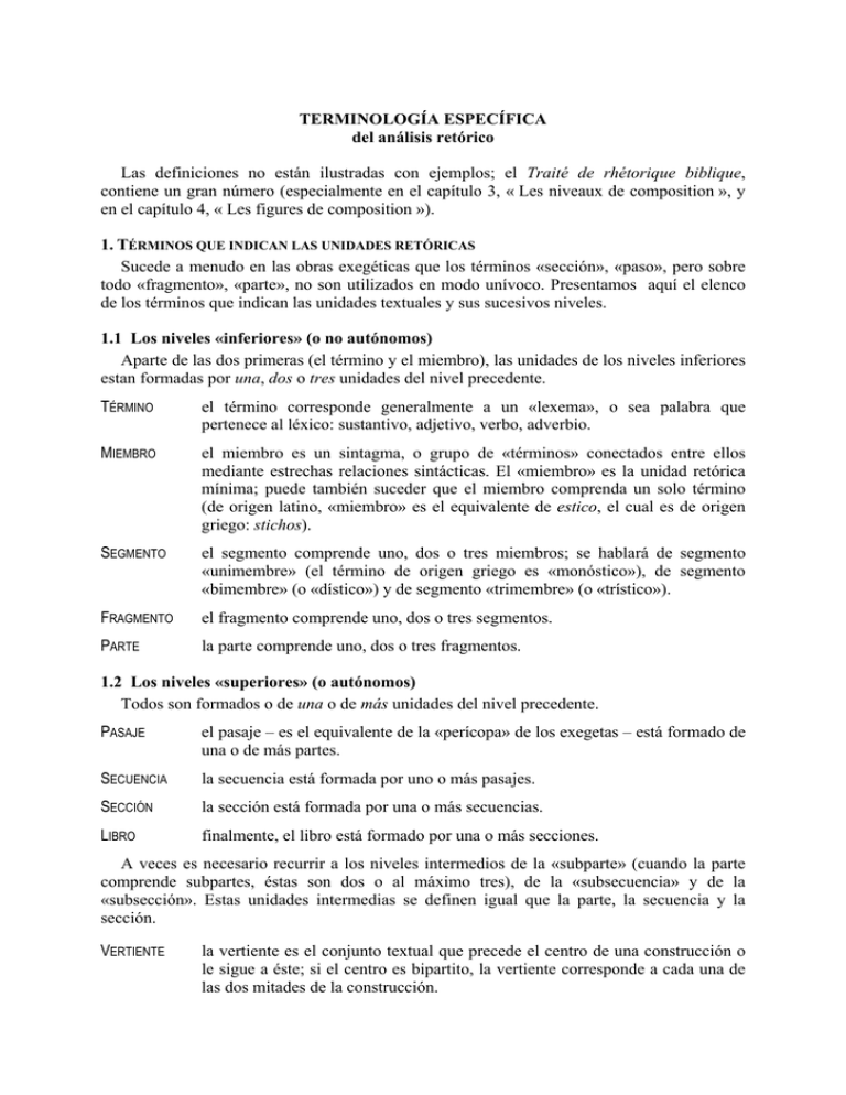 TERMINOLOGÍA ESPECÍFICA del análisis retórico Las definiciones