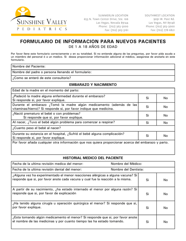 formulario de informacion para nuevos pacientes