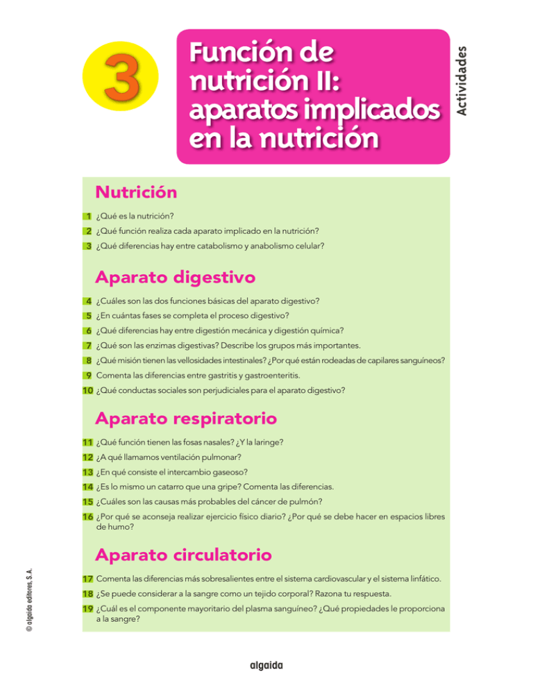 Función de nutrición II: aparatos implicados en la