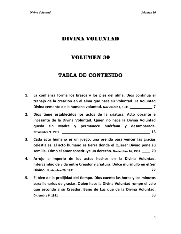 DIVINA VOLUNTAD VOLUMEN 30 TABLA DE CONTENIDO