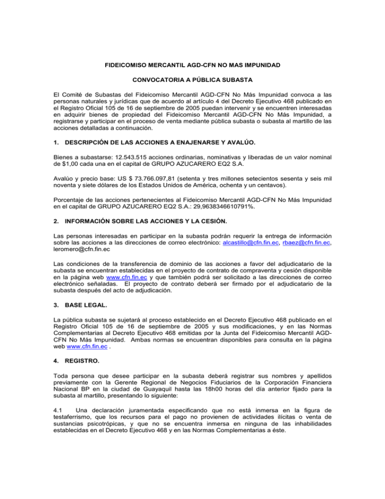 CONVOCATORIA A PUBLICA SUBASTA