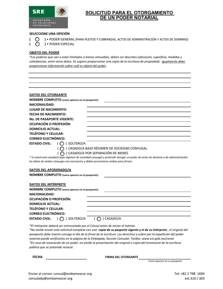 SOLICITUD PARA EL OTORGAMIENTO DE UN PODER NOTARIAL