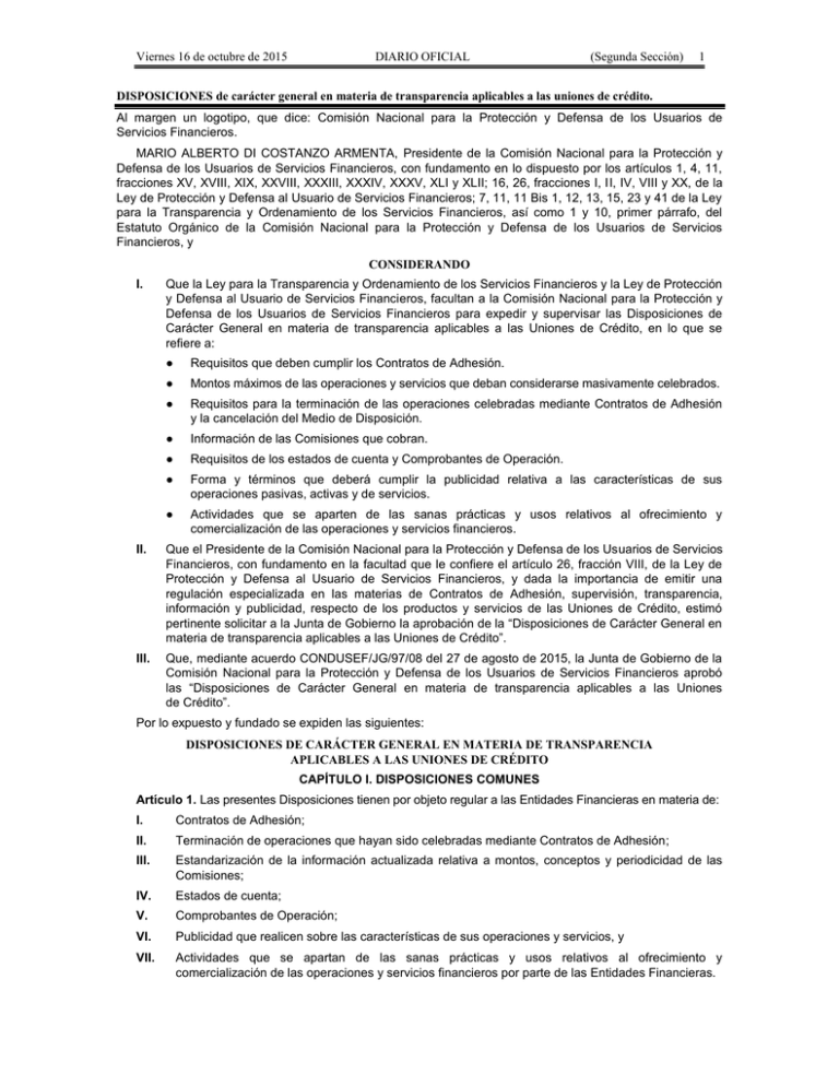 DISPOSICIONES de carácter general en materia de