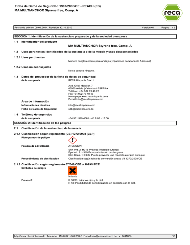 Ficha de Datos de Seguridad 1907/2006/CE