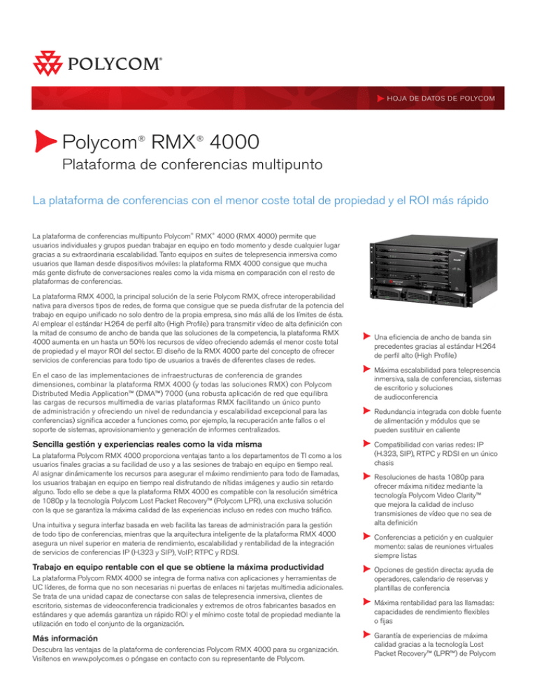 Hoja de datos de la plataforma de conferencias Polycom RMX 4000