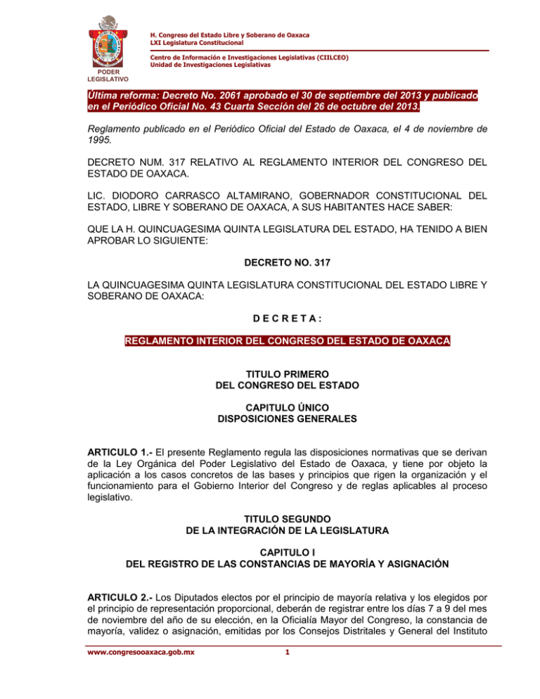 Reglamento Interior del Congreso del Estado de Oaxaca.