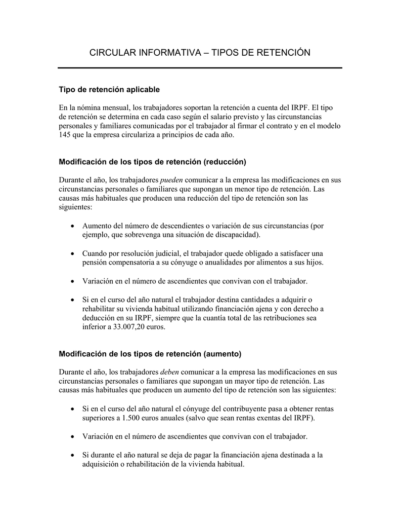 circular informativa – tipos de retención