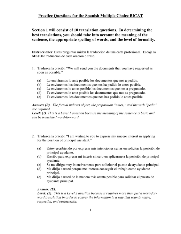 Practice Questions for the Spanish Multiple Choice
