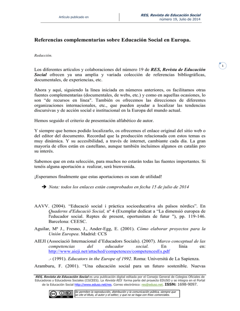 Referencias complementarias sobre Educación Social