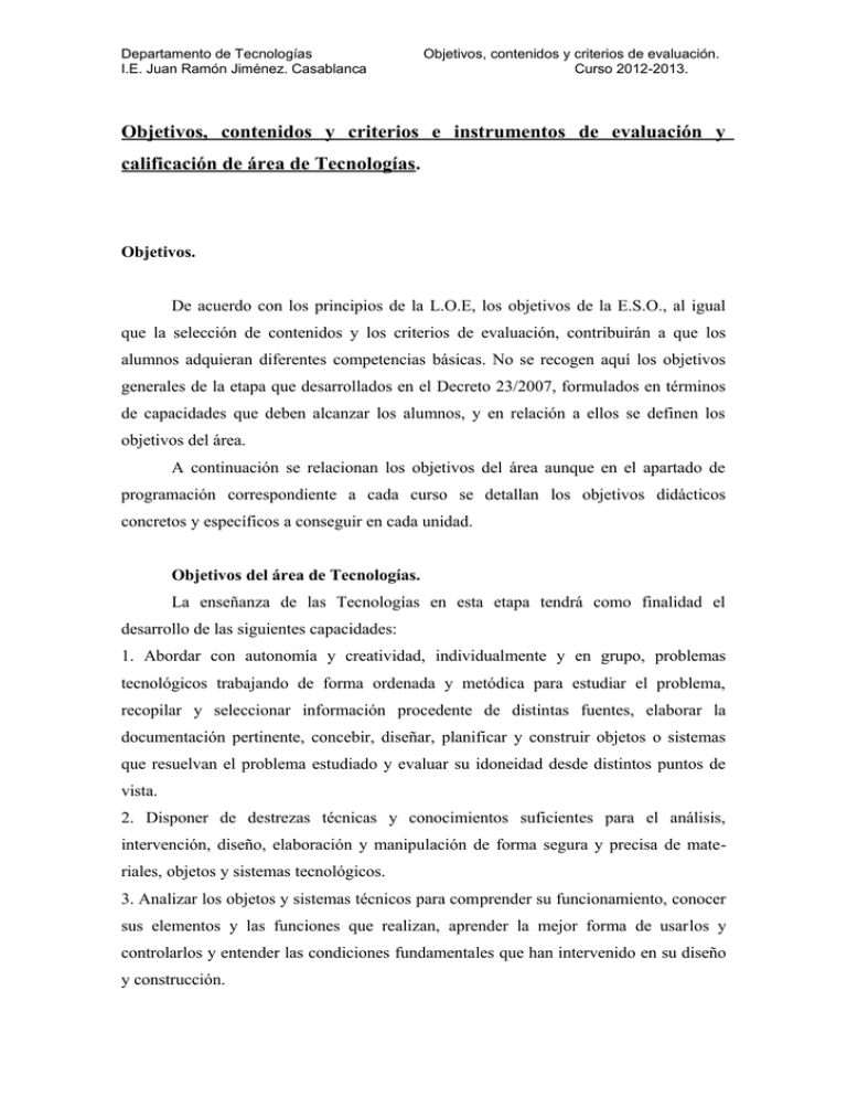 Objetivos, contenidos y criterios e instrumentos de evaluación y
