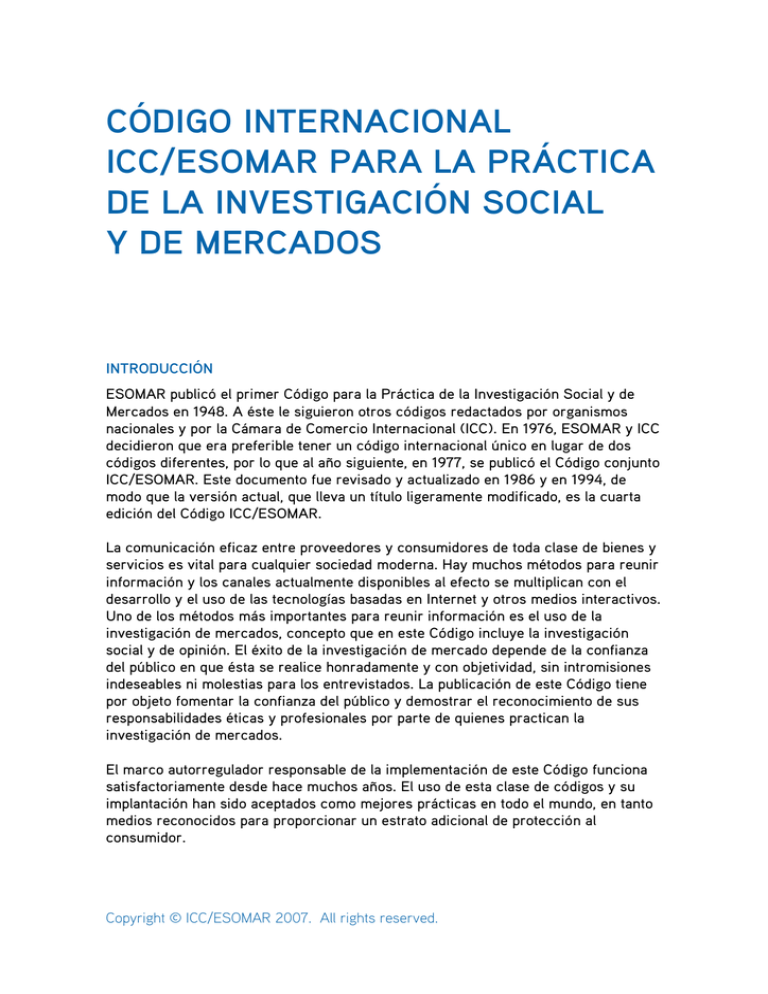 código internacional icc/esomar para la práctica de la