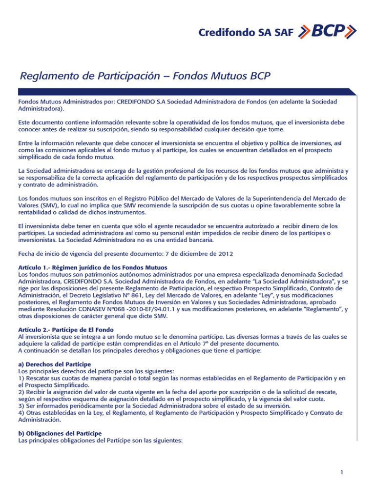 Reglamento de Participación – Fondos Mutuos BCP Credifondo SA