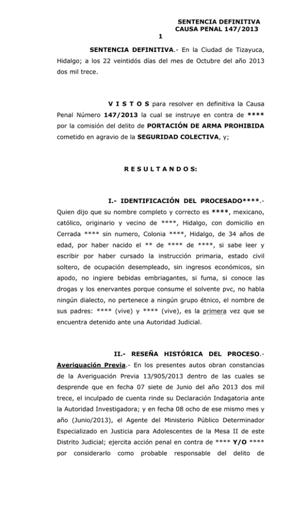 SENTENCIA DEFINITIVA CAUSA PENAL 147/2013 1 SENTENCIA