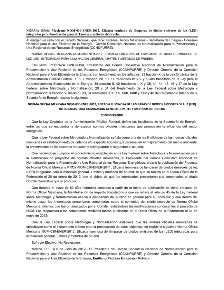 NORMA Oficial Mexicana NOM-030-ENER