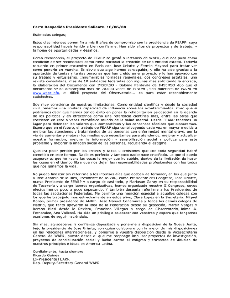 Carta de despedida del presidente saliente