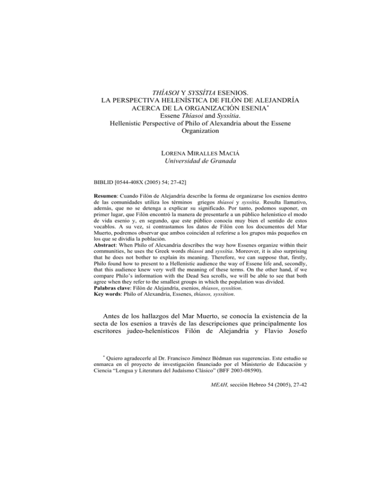 THÍASOI Y SYSSÍTIA ESENIOS. LA PERSPECTIVA HELENÍSTICA