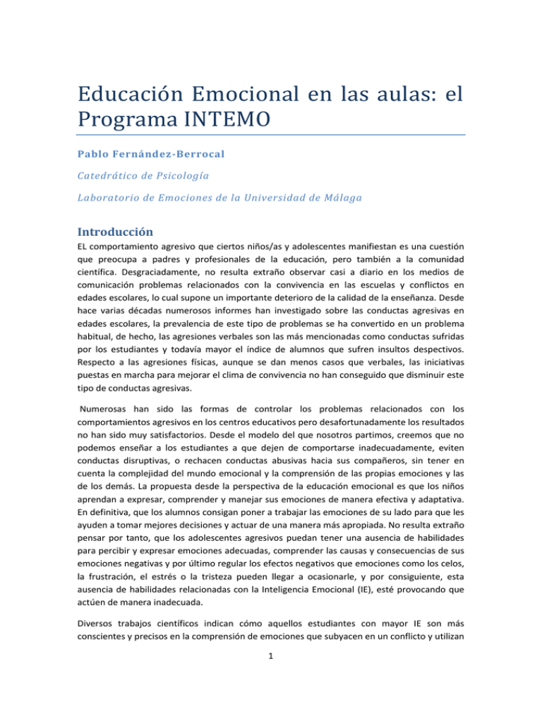 Educació n Emóciónal en las aulas: el Prógrama INTEMO